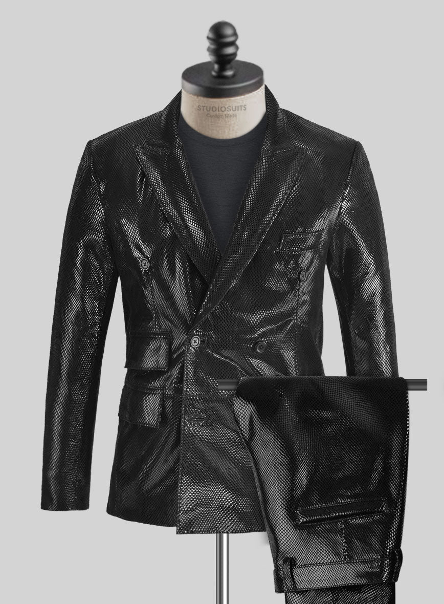 Snake Embossed Black Double Breasted Leather Suit – StudioSuits