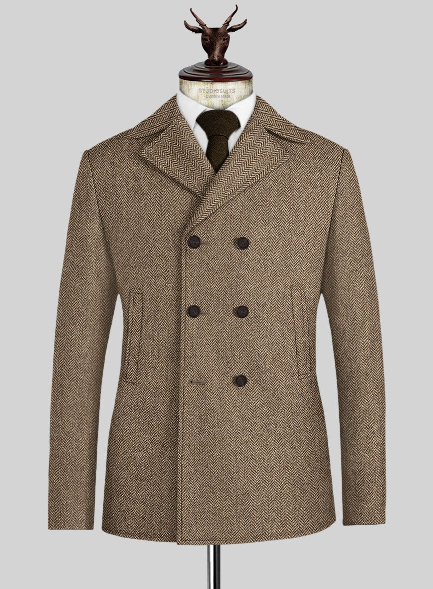 Irish Brown Herringbone Tweed Pea Coat – StudioSuits