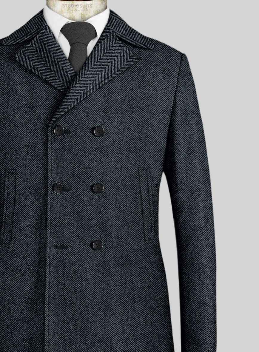 Italian Highlander Blue Herringbone Tweed Pea Coat – StudioSuits