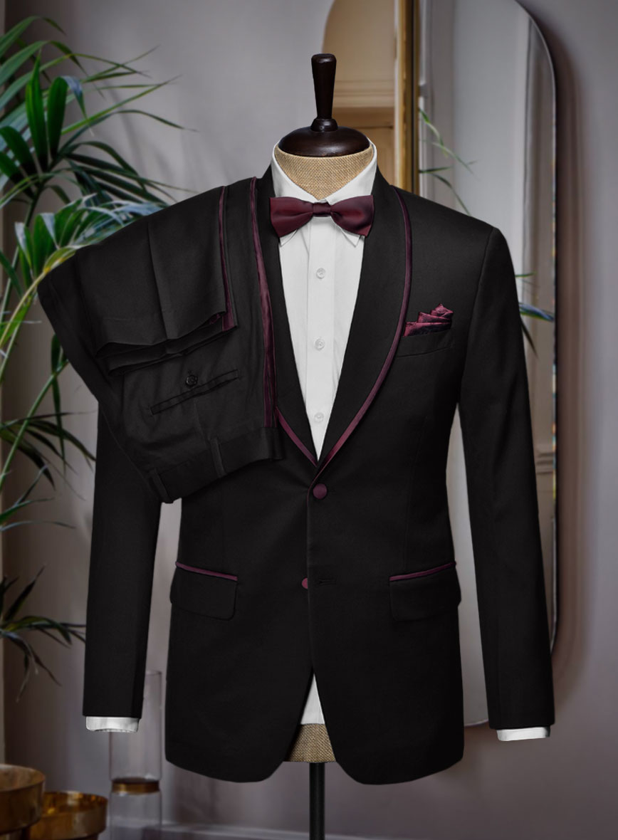 Italian Style Black Wool Tuxedo Suit - Wine Satin Trim II – StudioSuits