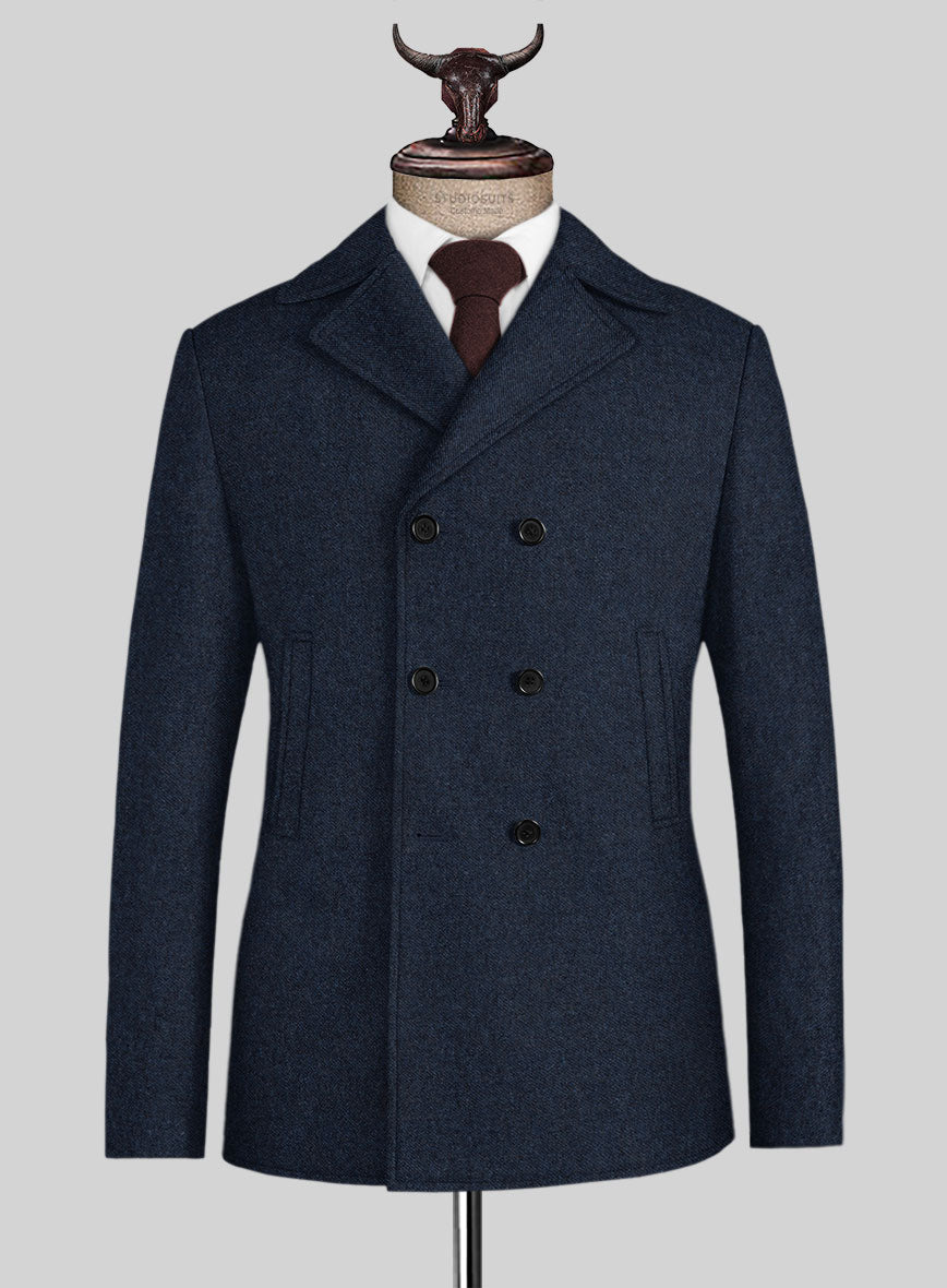 Royal Blue Denim Tweed Pea Coat – StudioSuits