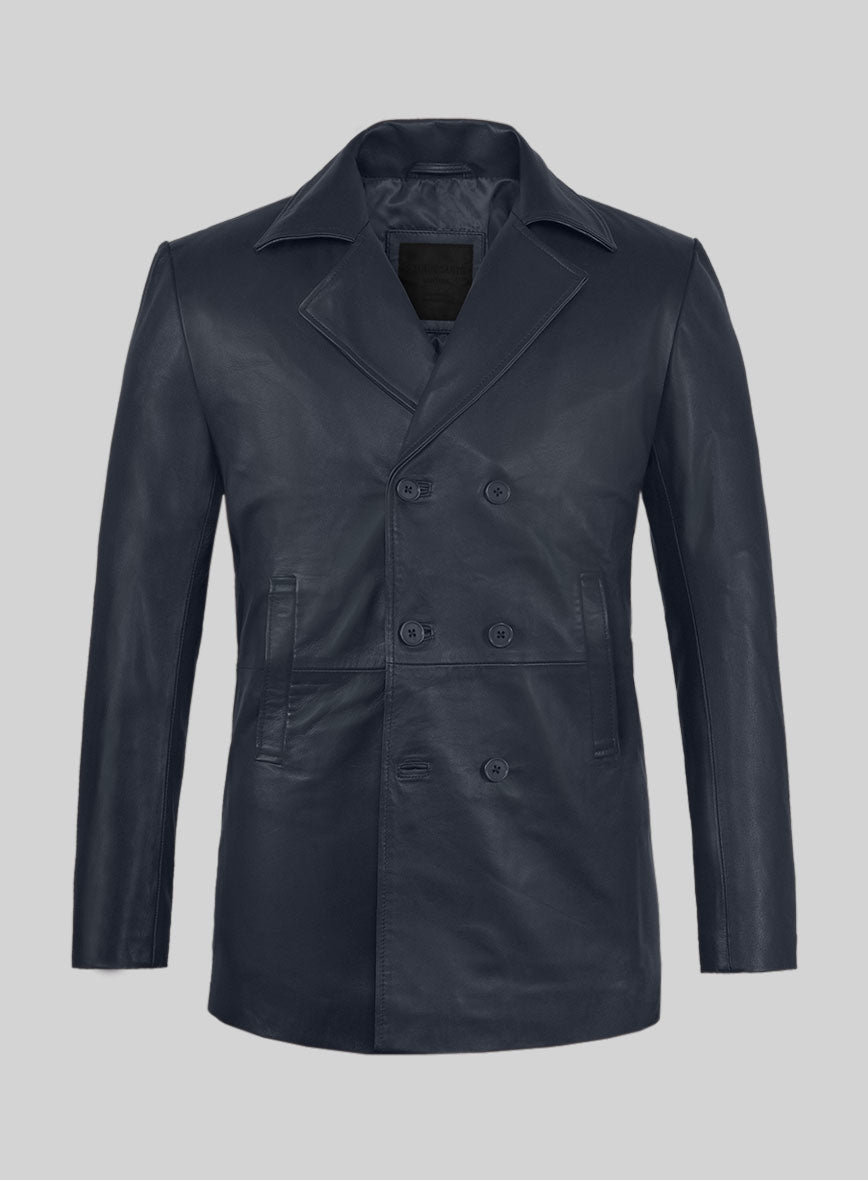 Soft Deep Blue Leather Pea Coat – StudioSuits