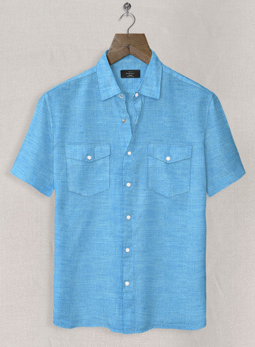 European Blue Linen Western Style Shirt – StudioSuits