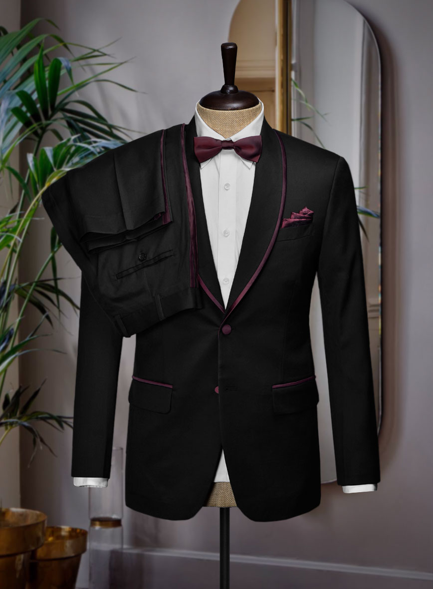 Italian Style Black Wool Tuxedo Suit - Wine Satin Trim II – StudioSuits